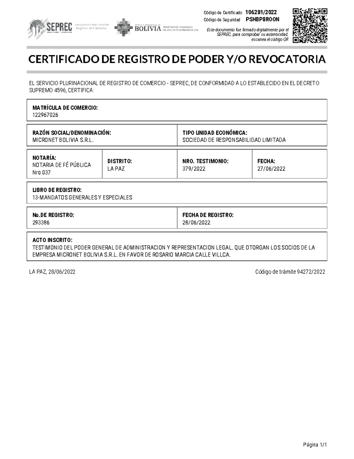 Certificado Registro Poder de SEPREC Nro 379 - Micronet Bolivia S.R.L. - Studocu