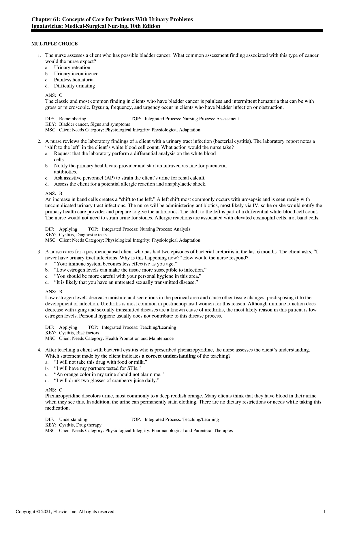 Exam View - Chapter 61 - Urinary Problems Study Guide - Studocu