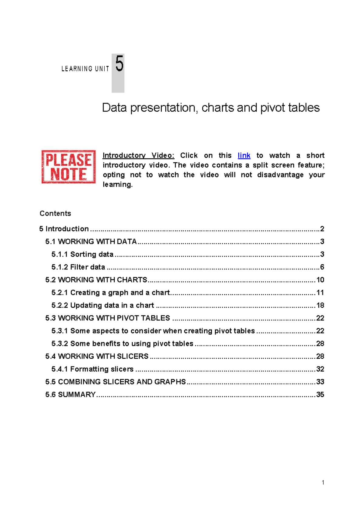 Data Presentation Techniques in Excel: Charts and Pivot Tables AIN2601 ...