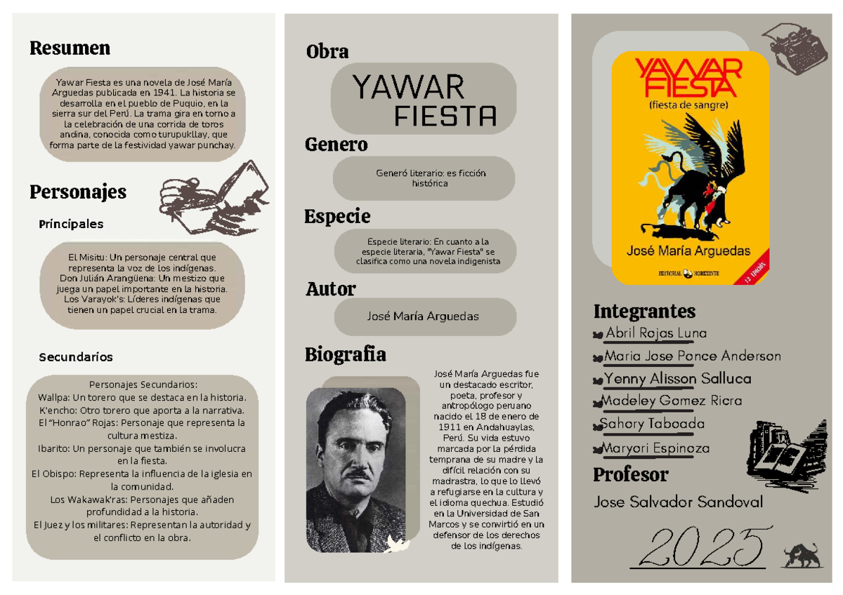 Folleto Tríptico sobre Yawar Fiesta - Novela de J.M. Arguedas 2025 - Studocu