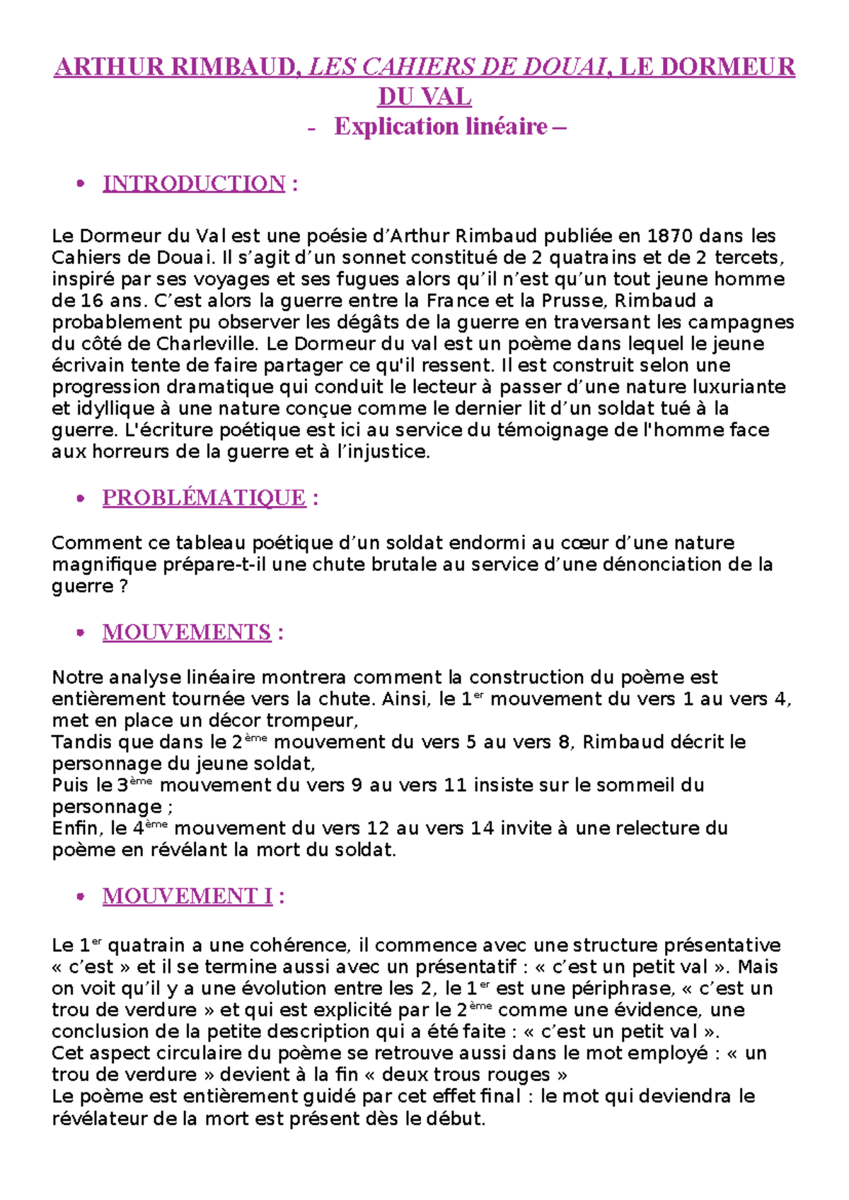Analyse Linéaire de "Le Dormeur du Val" par Rimbaud - Poésie 1870 - Studocu