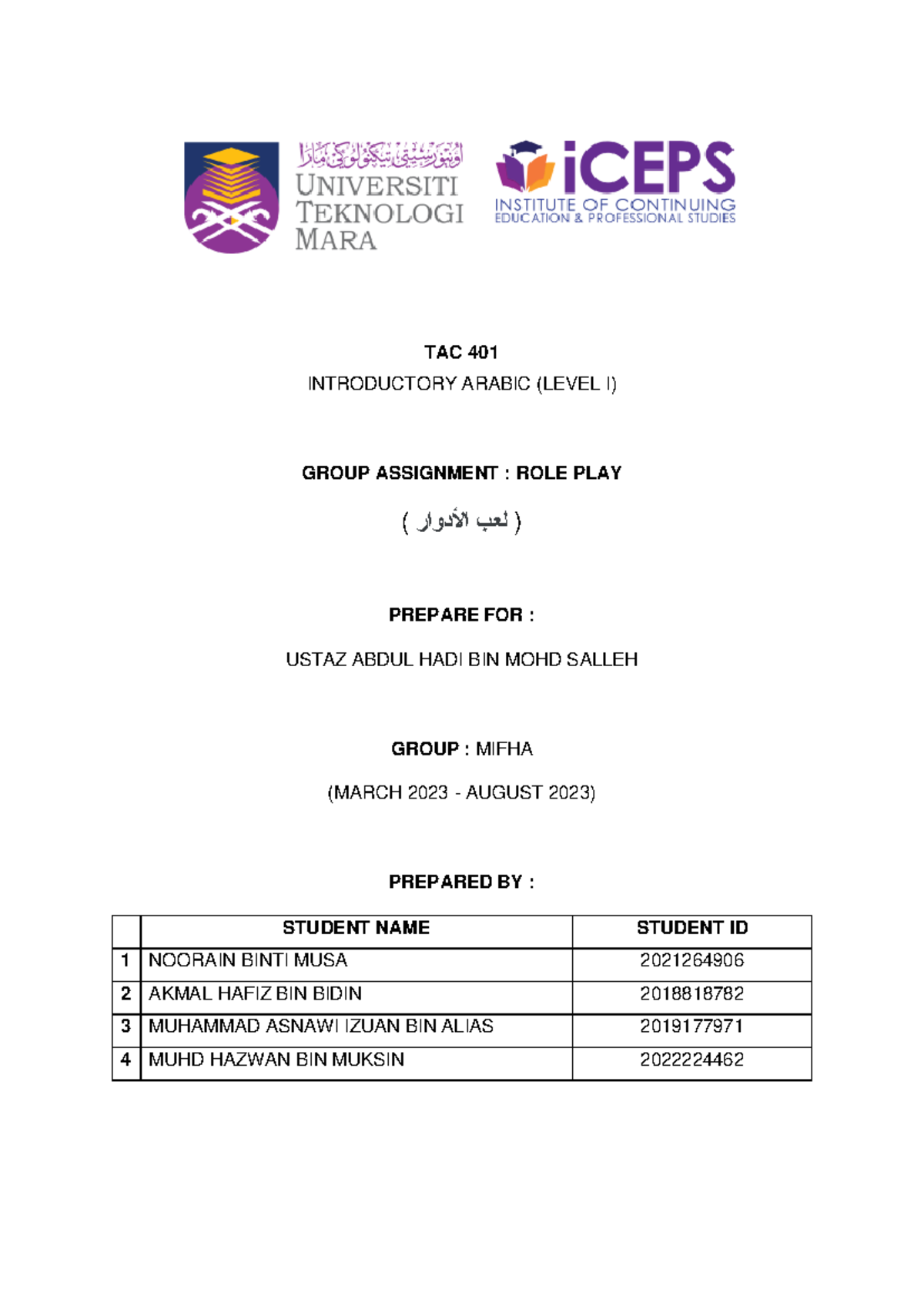 Roleplay Script for Introductory Arabic Class TAC 401 Group Assignment ...