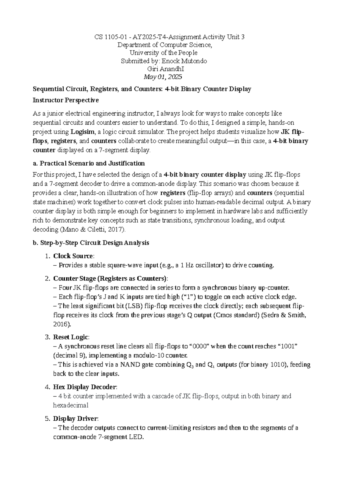 CS Activity Unit 3: Sequential Circuits and Binary Counter Design - Studocu