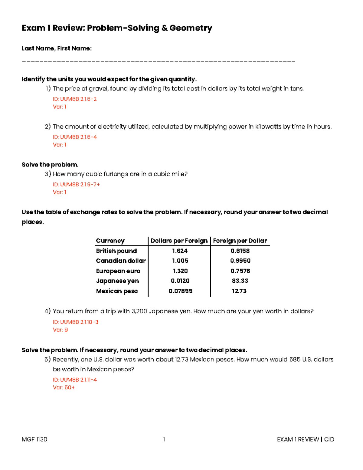 MGF 1130 Exam 1 Review: Geometry & Problem-Solving Practice - Studocu