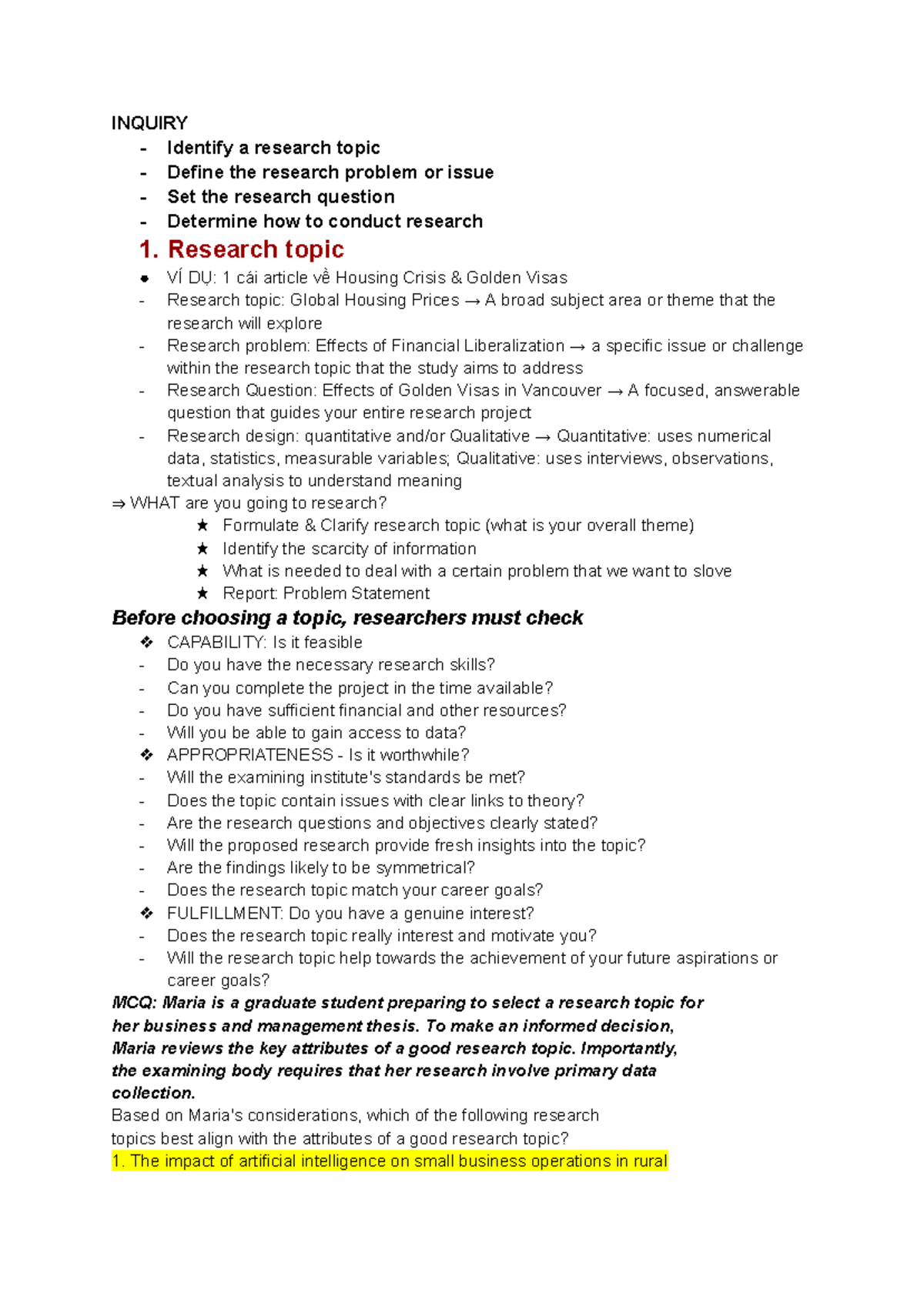 Research Proposal Guidelines for BUS 101: Inquiry and Topic Selection ...
