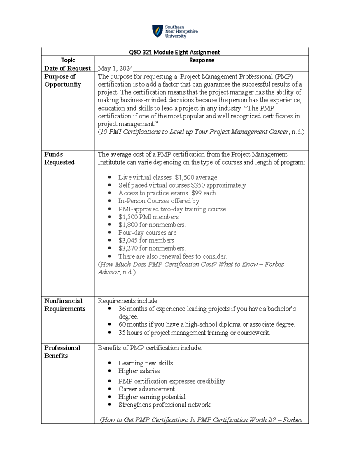 QSO 321 Module 8 Assignment: Request for PMP Certification Funds - Studocu