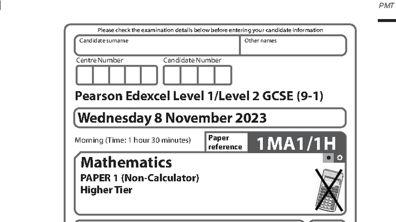 PMT Level 2 GCSE Mathematics Paper 1 Higher Tier Exam Details - Studocu