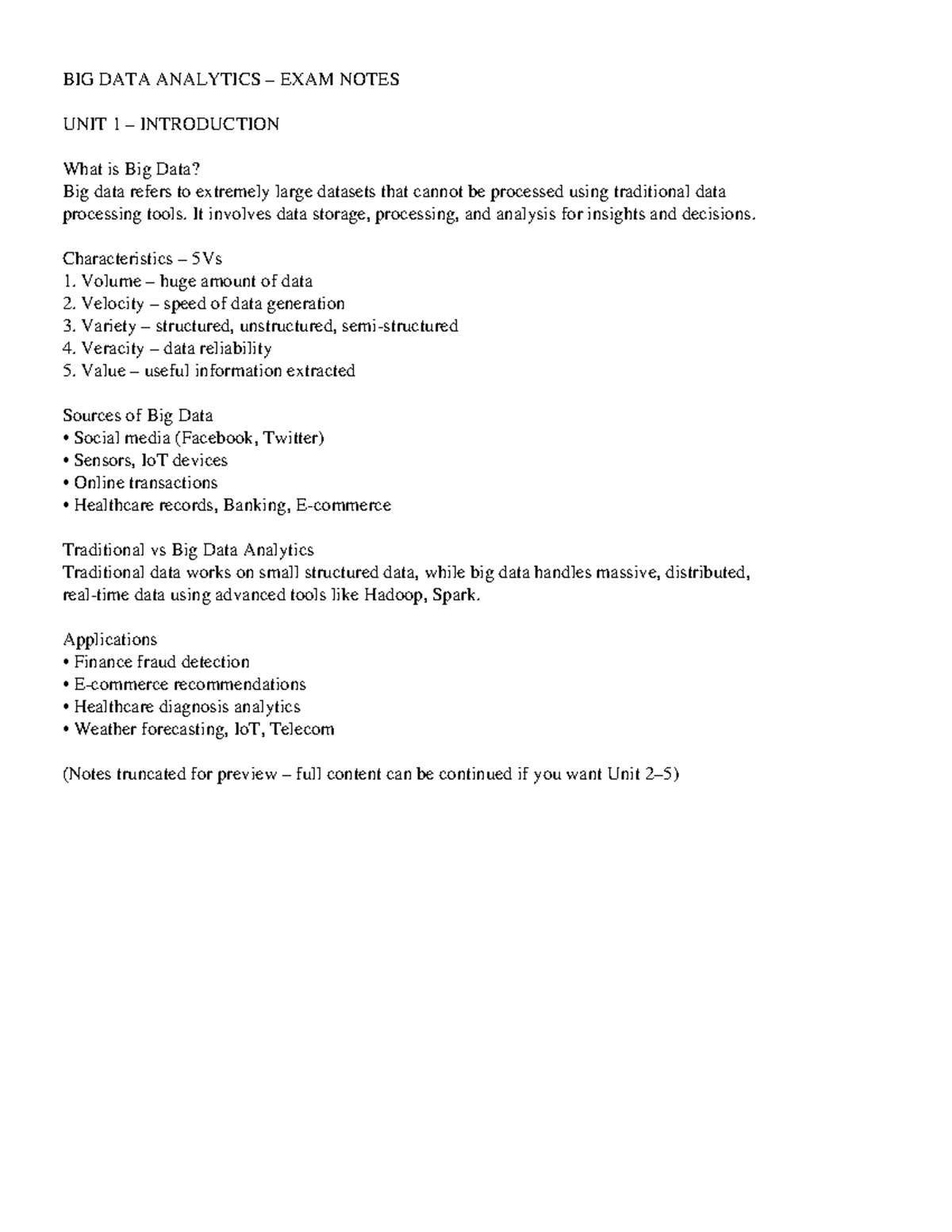 BIG DATA ANALYTICS EXAM NOTES UNIT 1: INTRODUCTION TO BIG DATA - Studocu