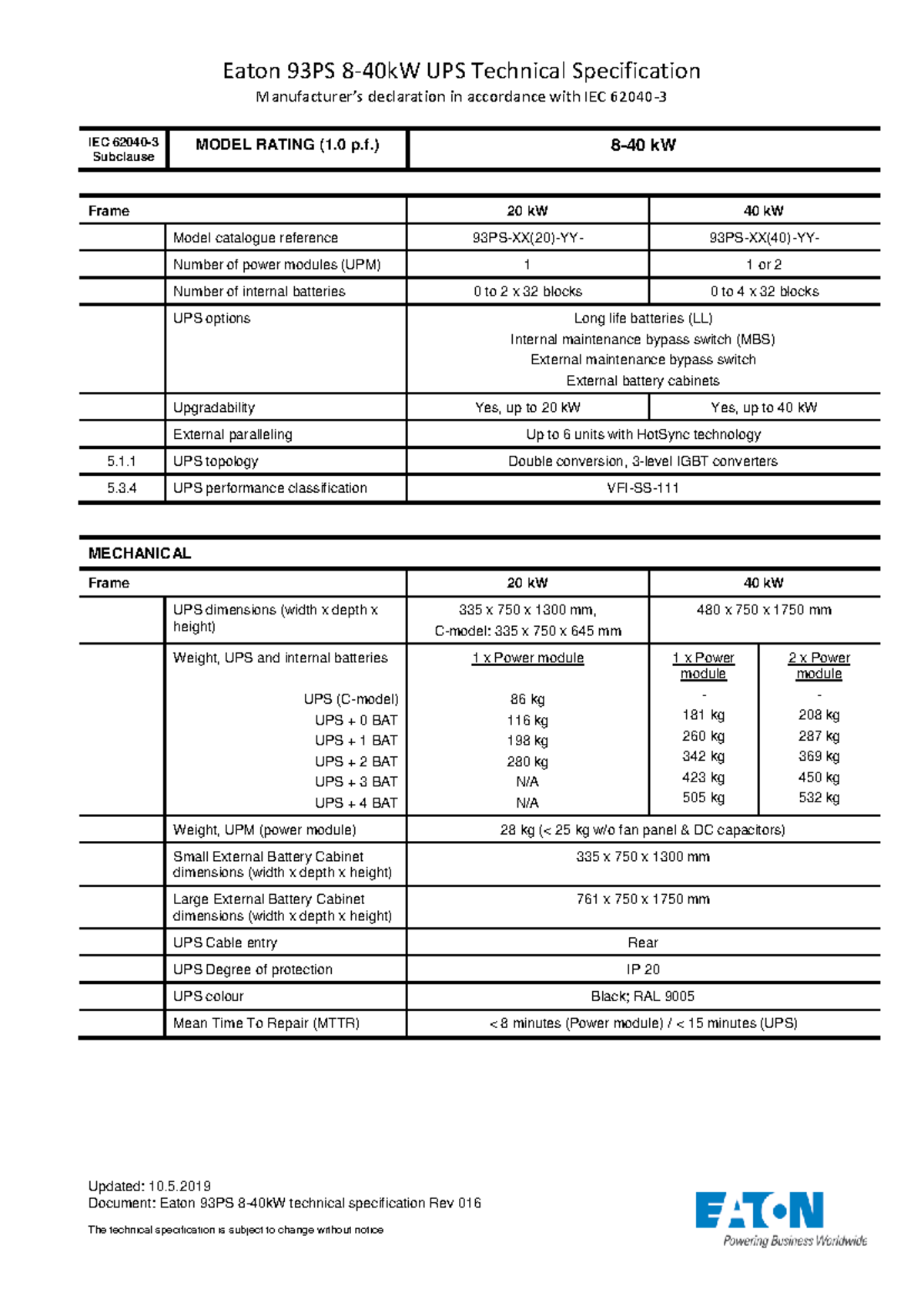 Eaton 93PS UPS Technical Specifications (8-40 kW) - Rev 016 - Studocu