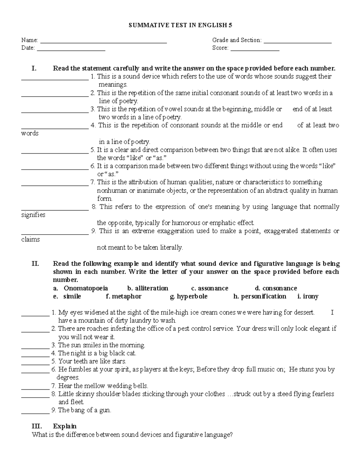 Summative TEST 1.1 in English 5: Sound Devices & Figurative Language ...