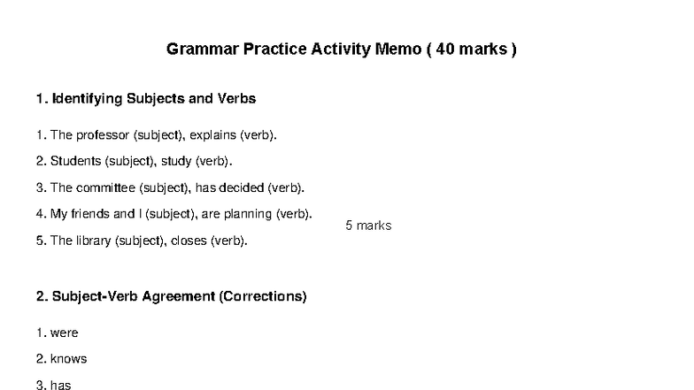 UNIT 2 Grammar Practice Activity Memo (40 Marks) - Subjects, Verbs ...