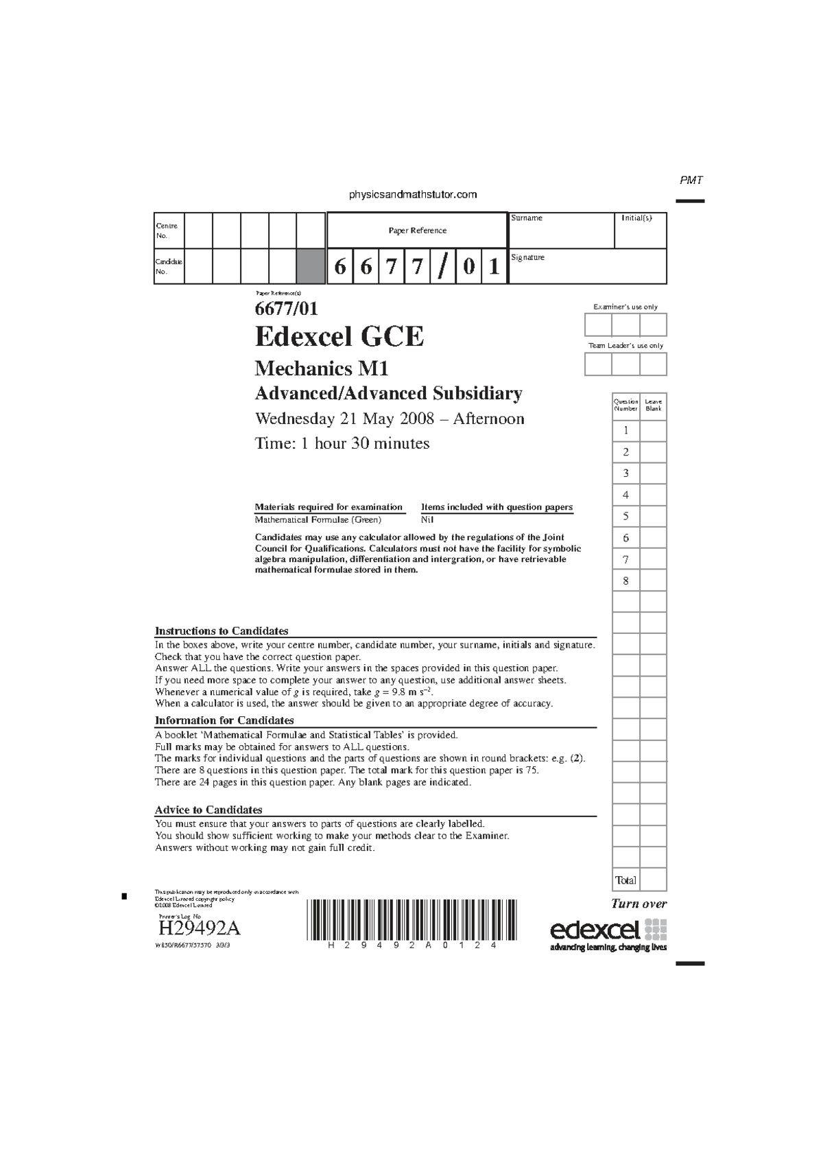 Edexcel GCE Mechanics M1 June 2008 Past Exam Paper - Studocu