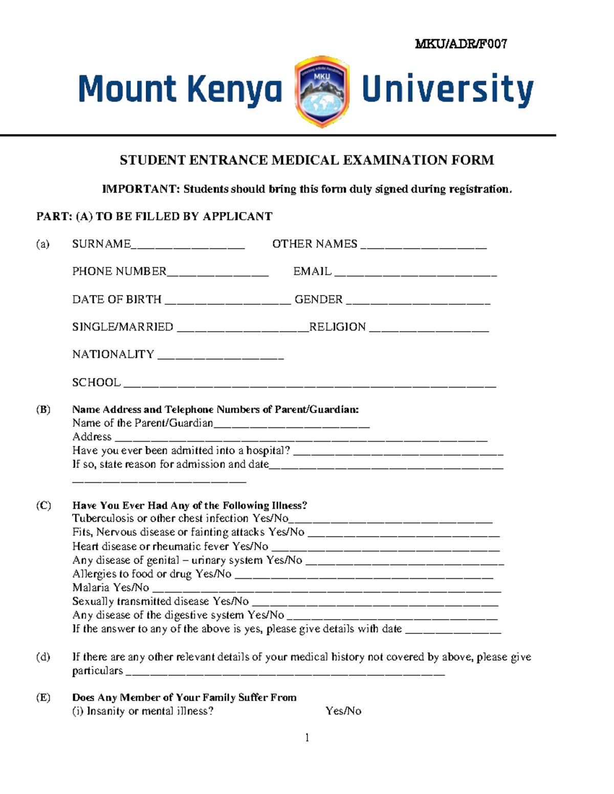 Medical Examination Form for Student Entrance Registration - Studocu