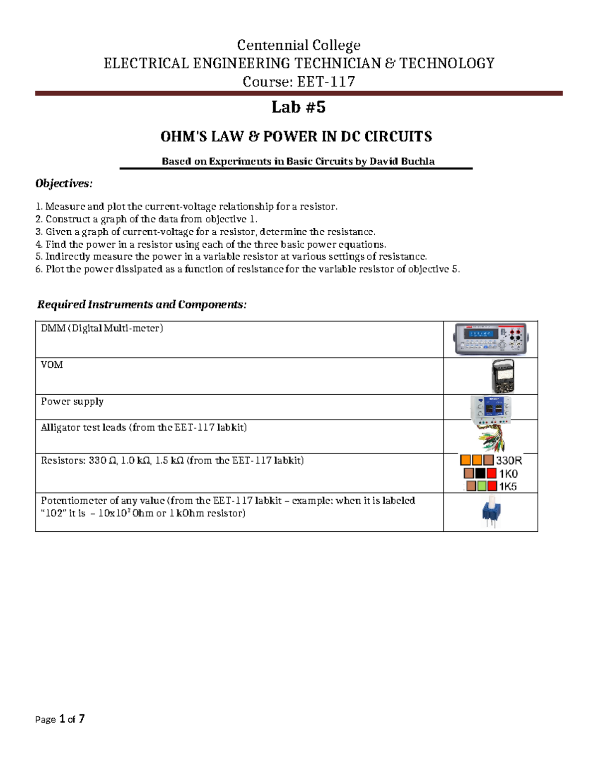 EET-117 Lab 5: Ohm's Law & Power in DC Circuits Experiment - Studocu