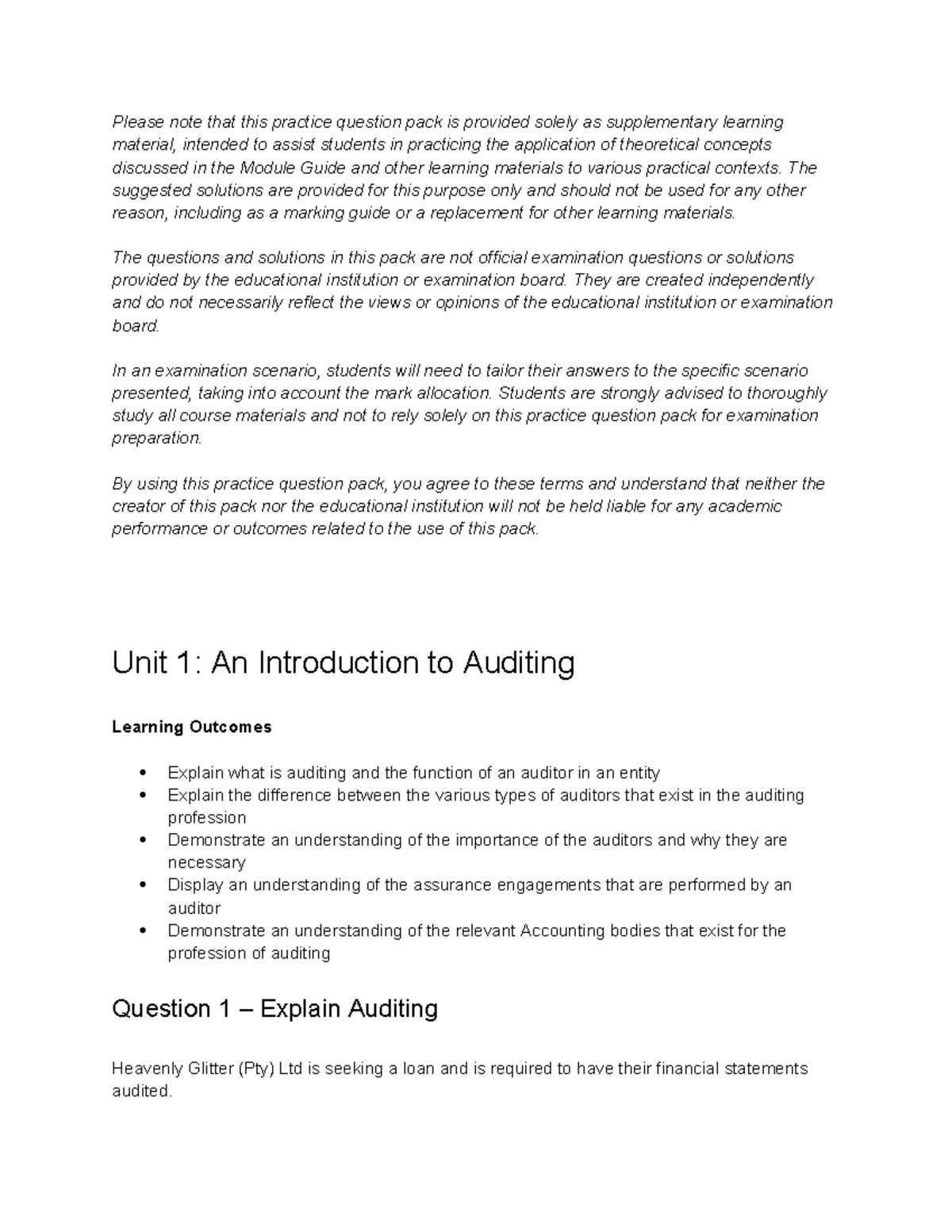 Practice Questions for Unit 1: Introduction to Auditing Study Guide ...