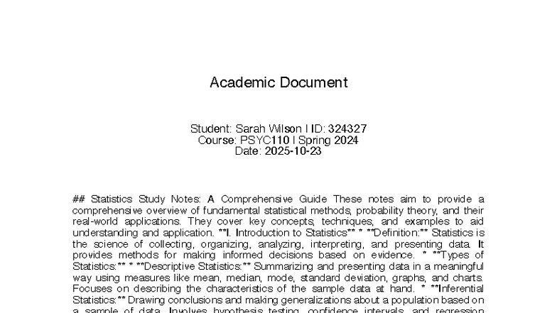 PSYC110 Spring 2024: Comprehensive Statistics Study Notes - Studocu