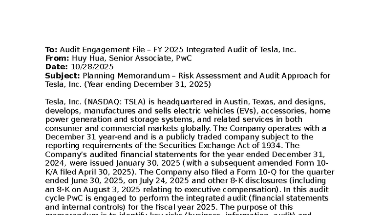 Audit Engagement Memo: Risk Assessment & Approach for Tesla, Inc. (FY ...
