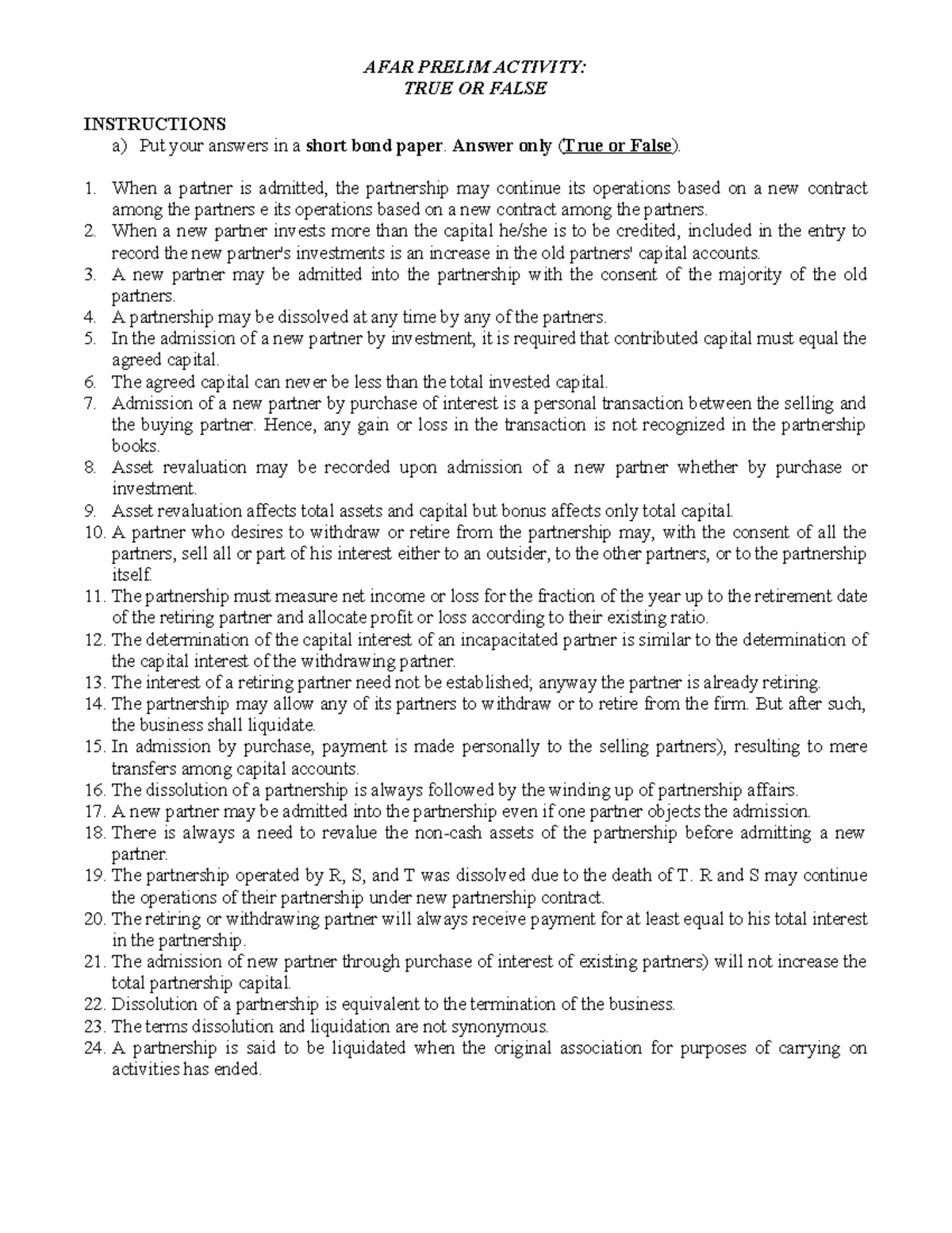 AFAR Prelim True or False - AFAR PRELIM ACTIVITY: TRUE OR FALSE ...