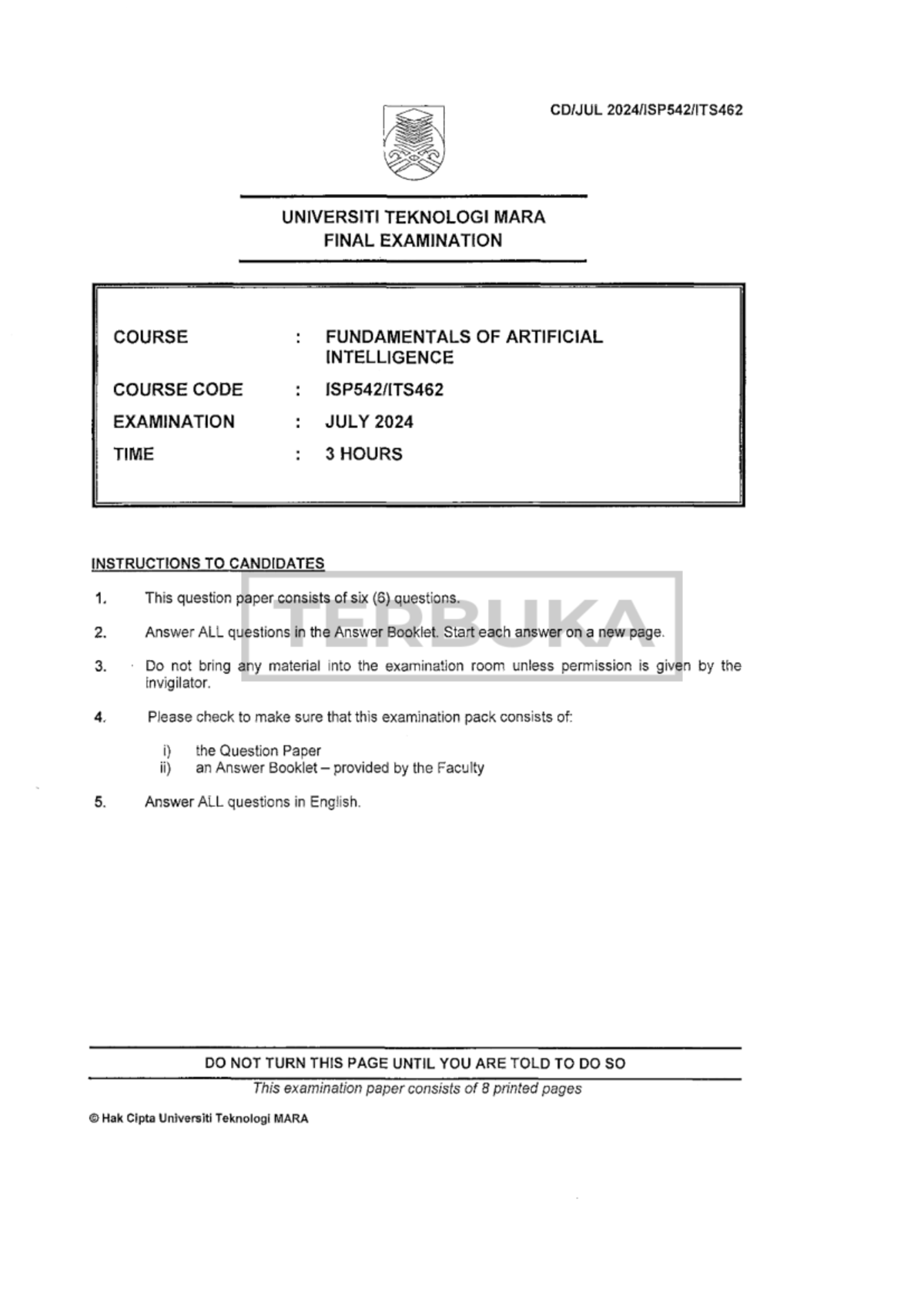 ISP542 Final Exam Paper: Fundamentals of Artificial Intelligence - July ...