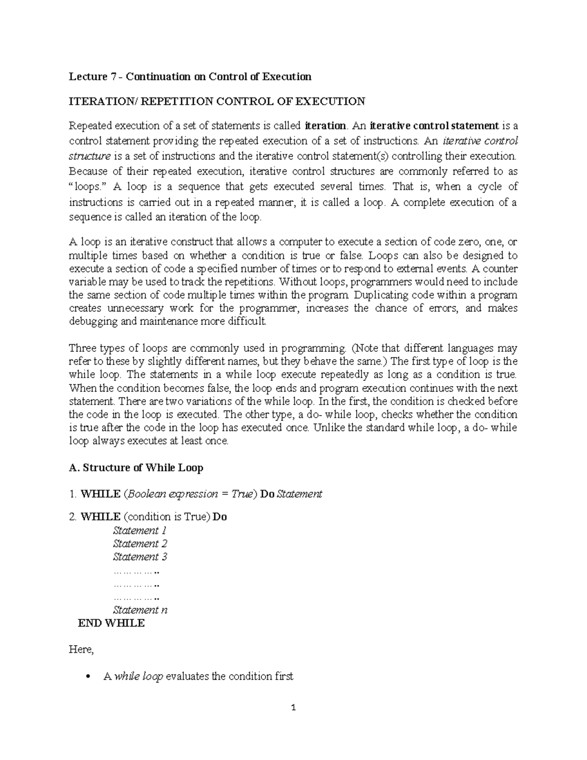 CSC 111 Lecture Note 7 - Iteration and Control Structures - Studocu