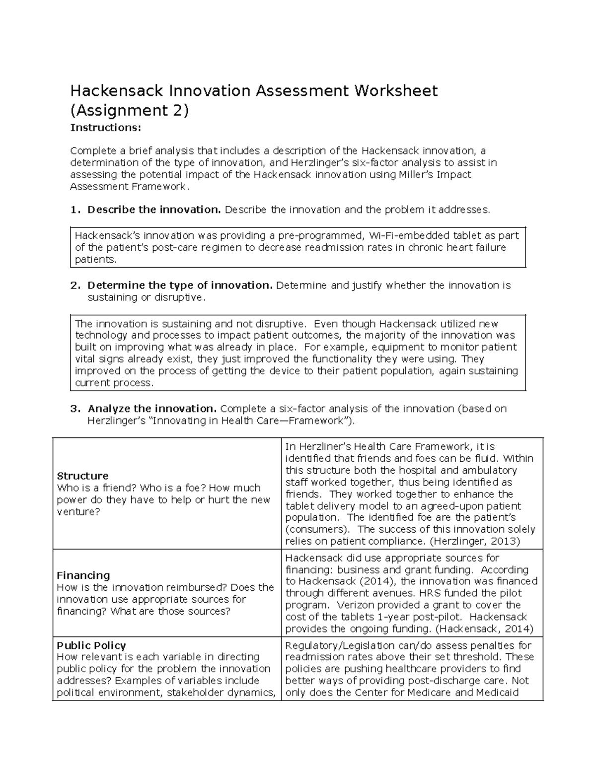 Hackensack Innovation Assessment Worksheet (A2) Analysis and Impact ...