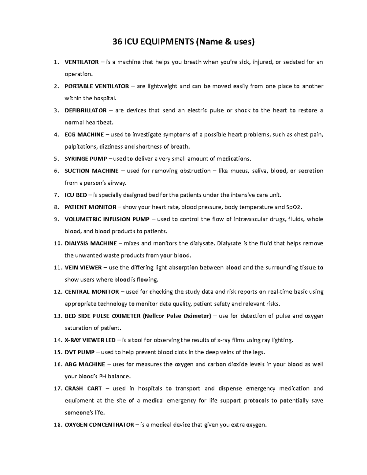 36 Essential ICU Equipments: Names & Uses Explained - Studocu