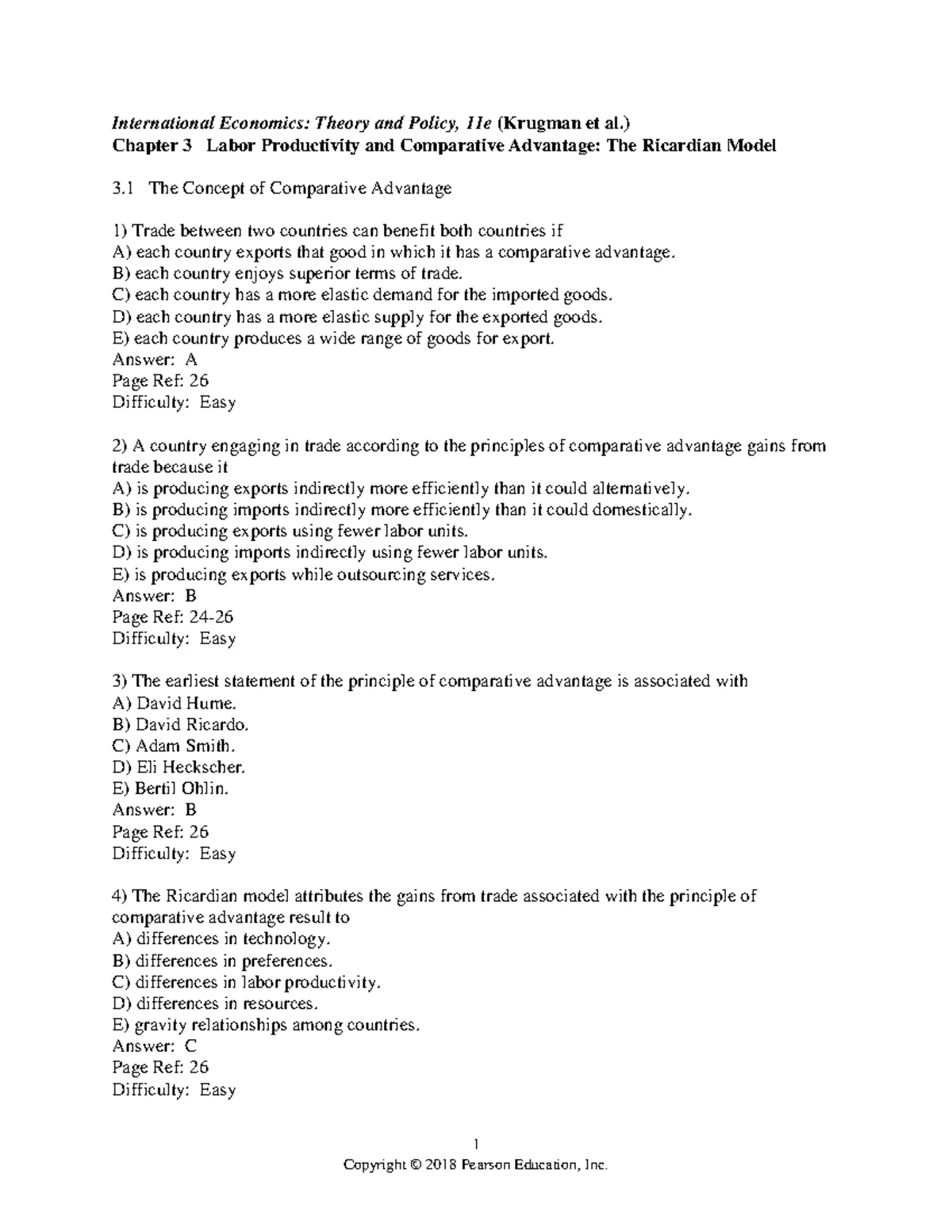 Chapter 3 test bank - 1 International Economics: Theory and Policy, 11e ...