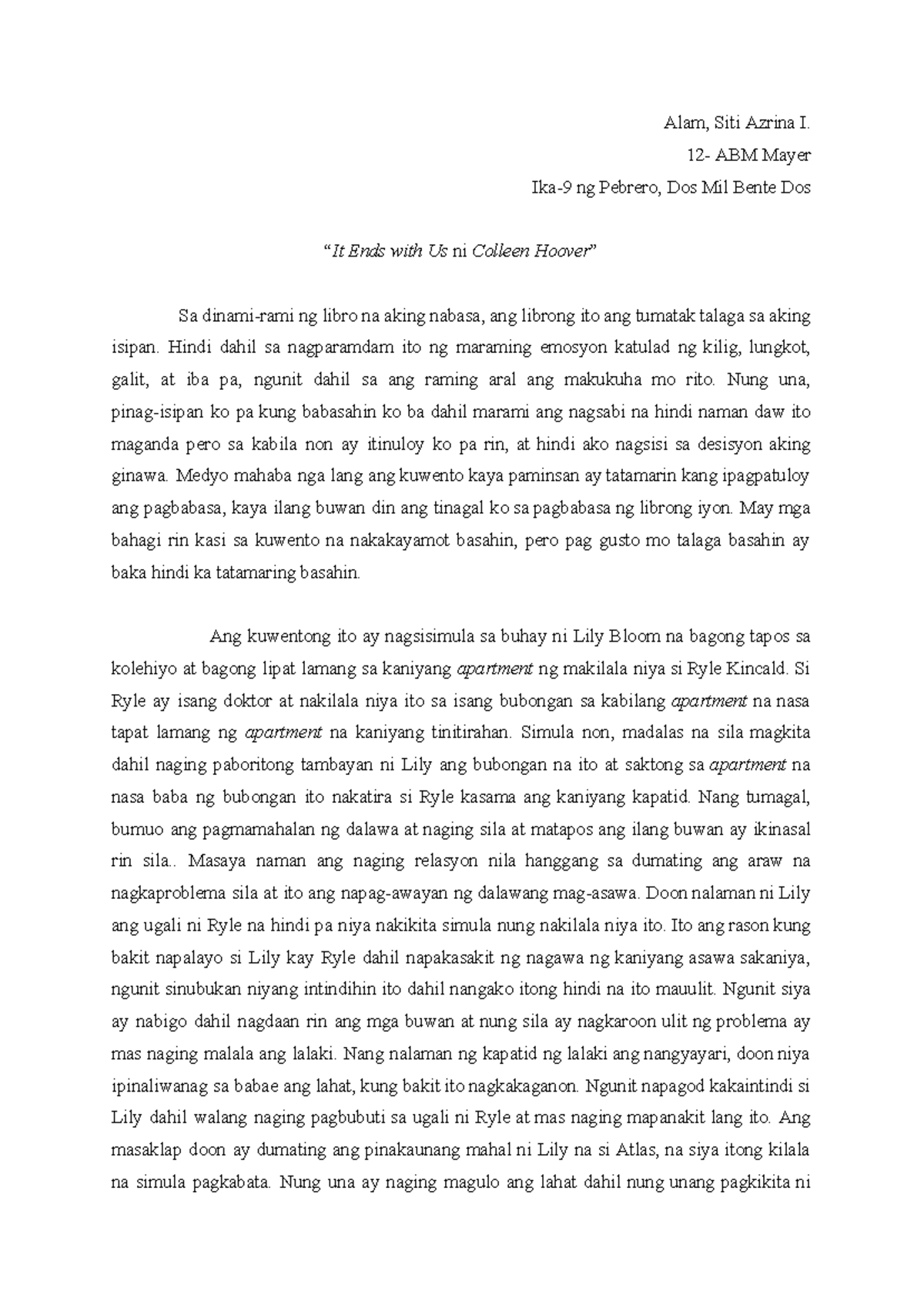 Replektibong Sanaysay - Alam, Siti Azrina I. 12- ABM Mayer Ika-9 ng ...