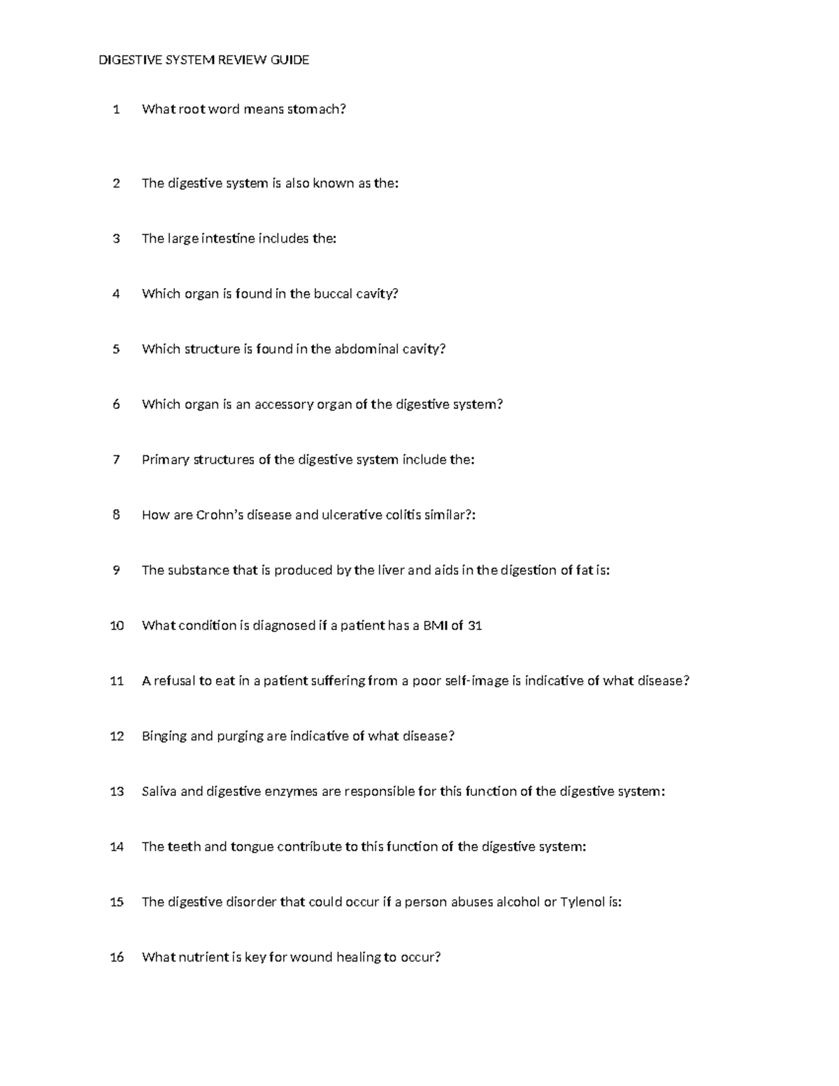 Digestive System Review Guide - Key Concepts & Questions - Studocu
