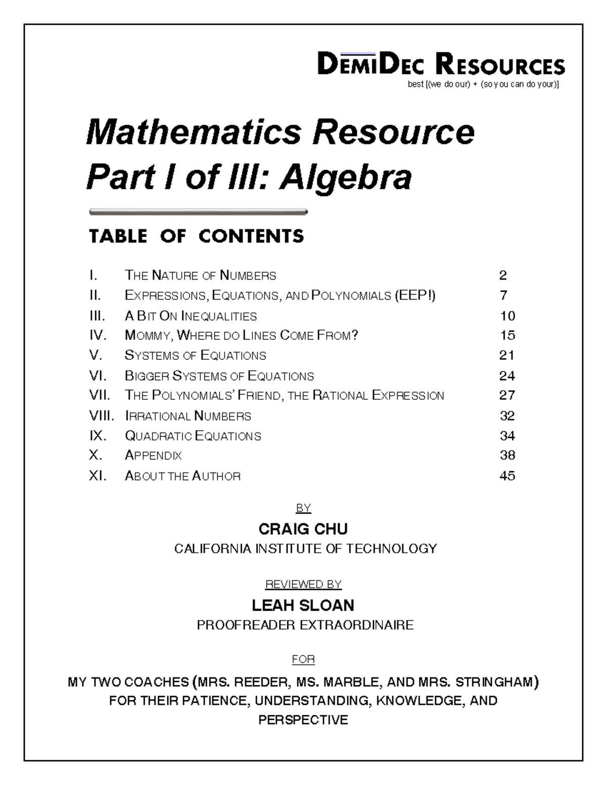 Algebra Resources Overview for Course MATH 101: Part I - Studocu