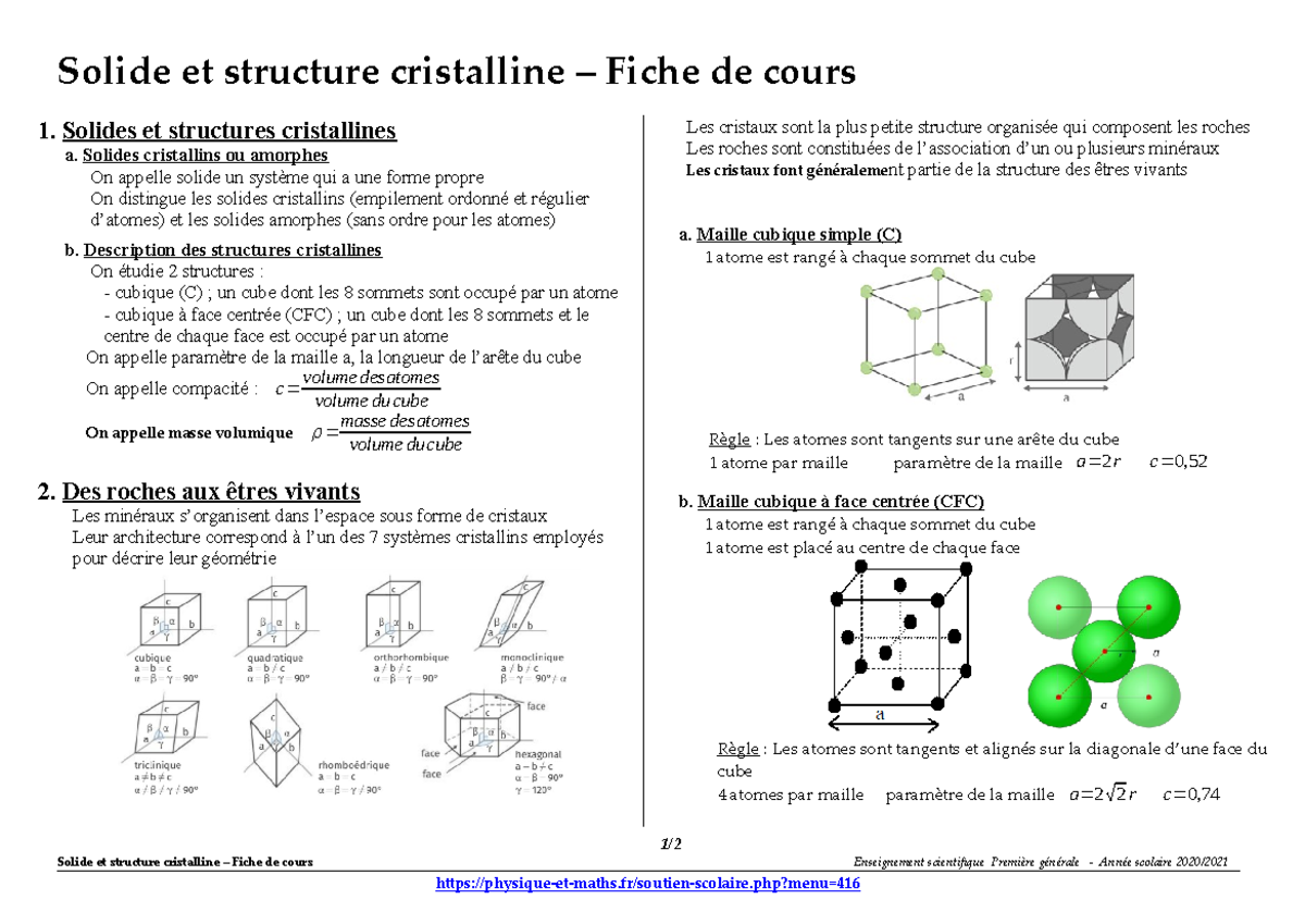 Solide cristaux fiche cours - Solide et structure cristalline – Fiche ...