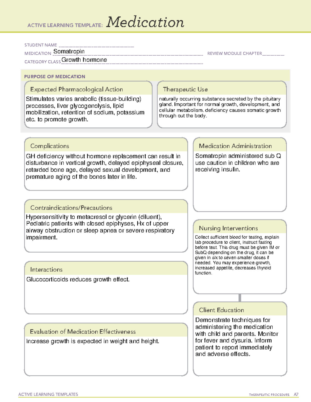 Somatropin ATI Clinical Template for Medication Review - Studocu