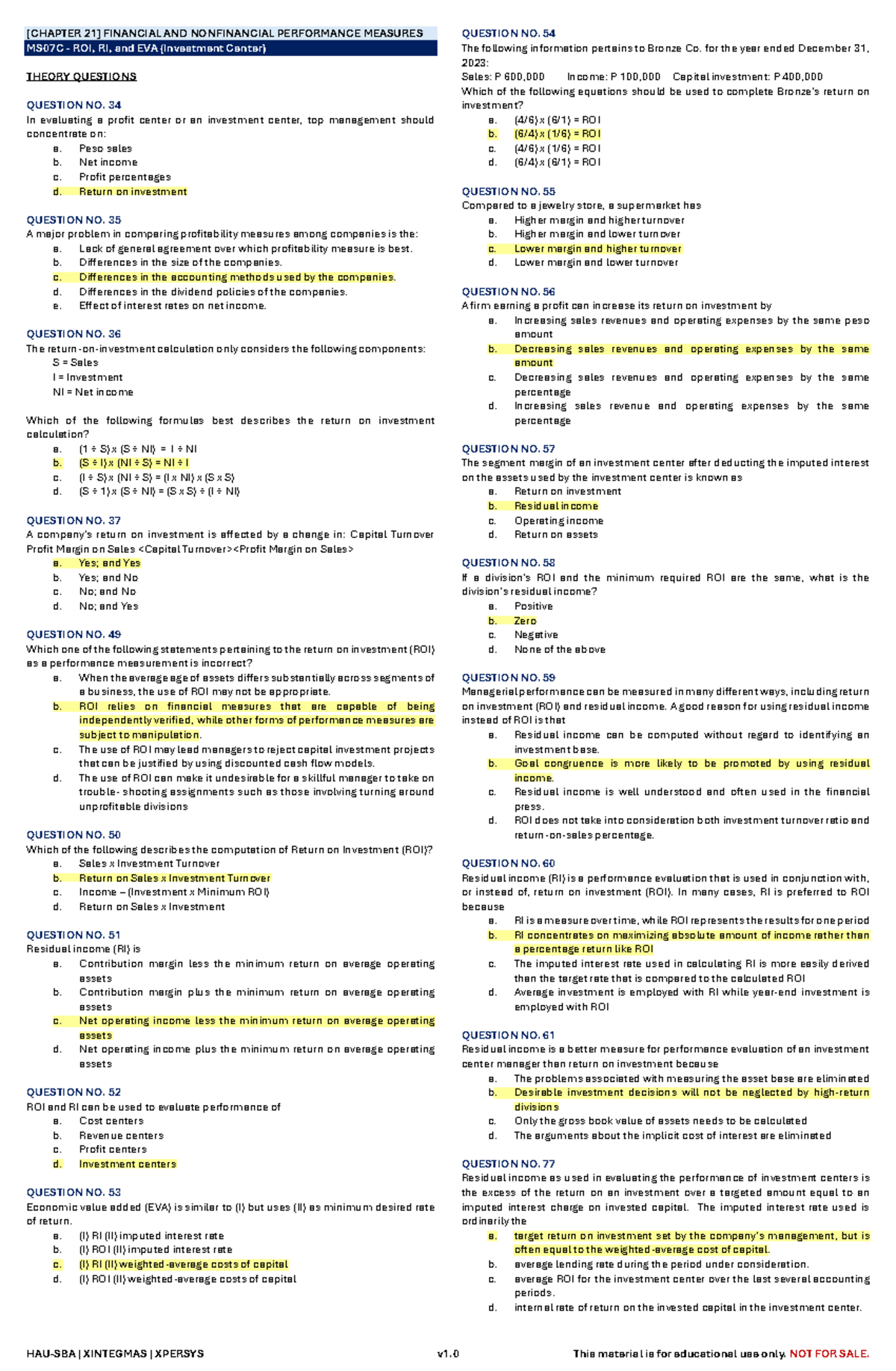 MS07C - Q&A on ROI, RI, and EVA Performance Measures - Studocu