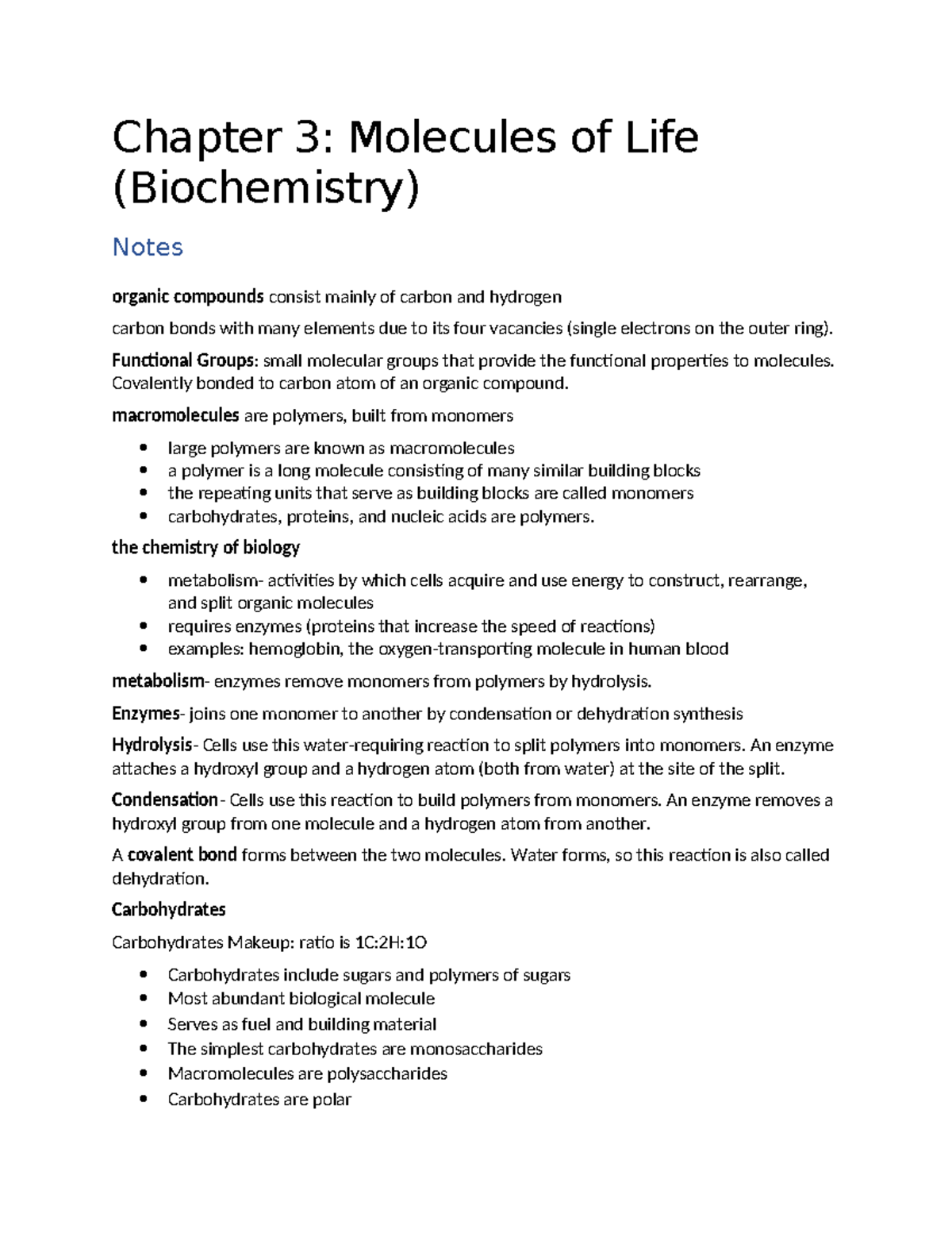 Chapter 3: Molecules of Life - Biochemistry Notes & Key Concepts - Studocu