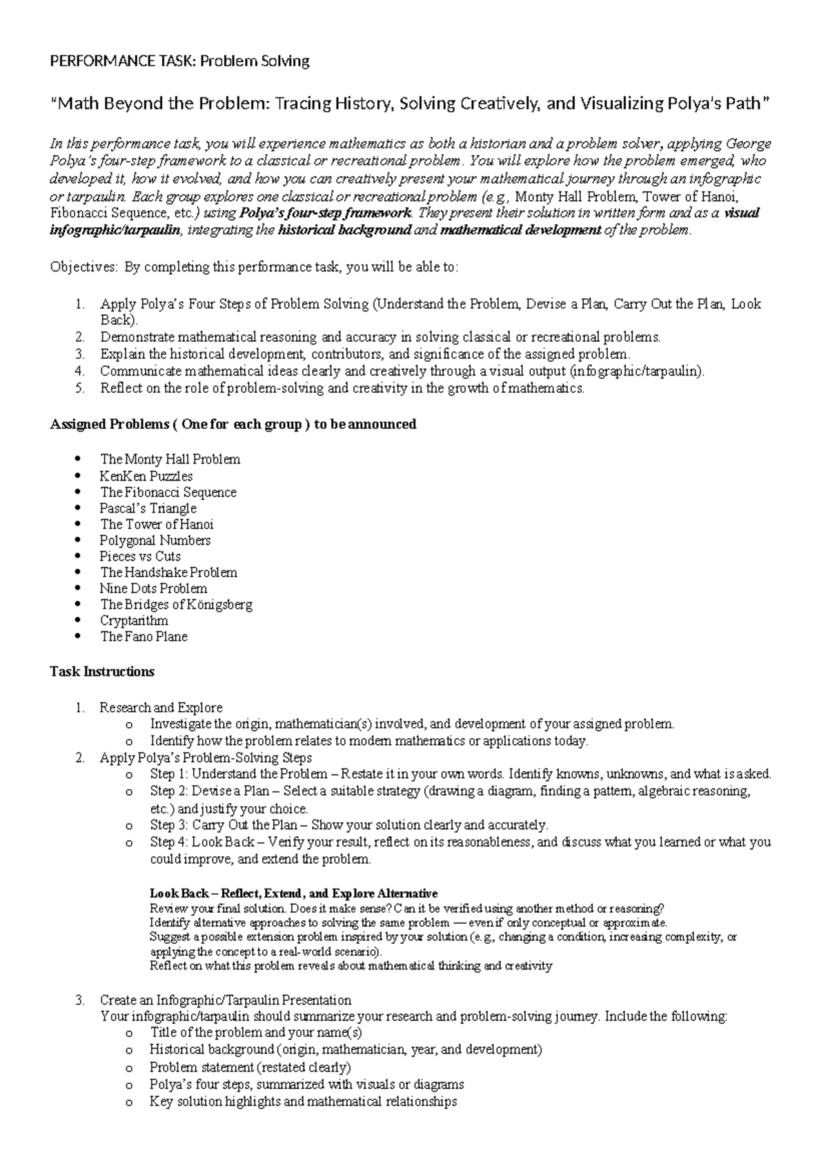 PERFORMANCE TASK: Creative Problem Solving in Mathematics - Studocu