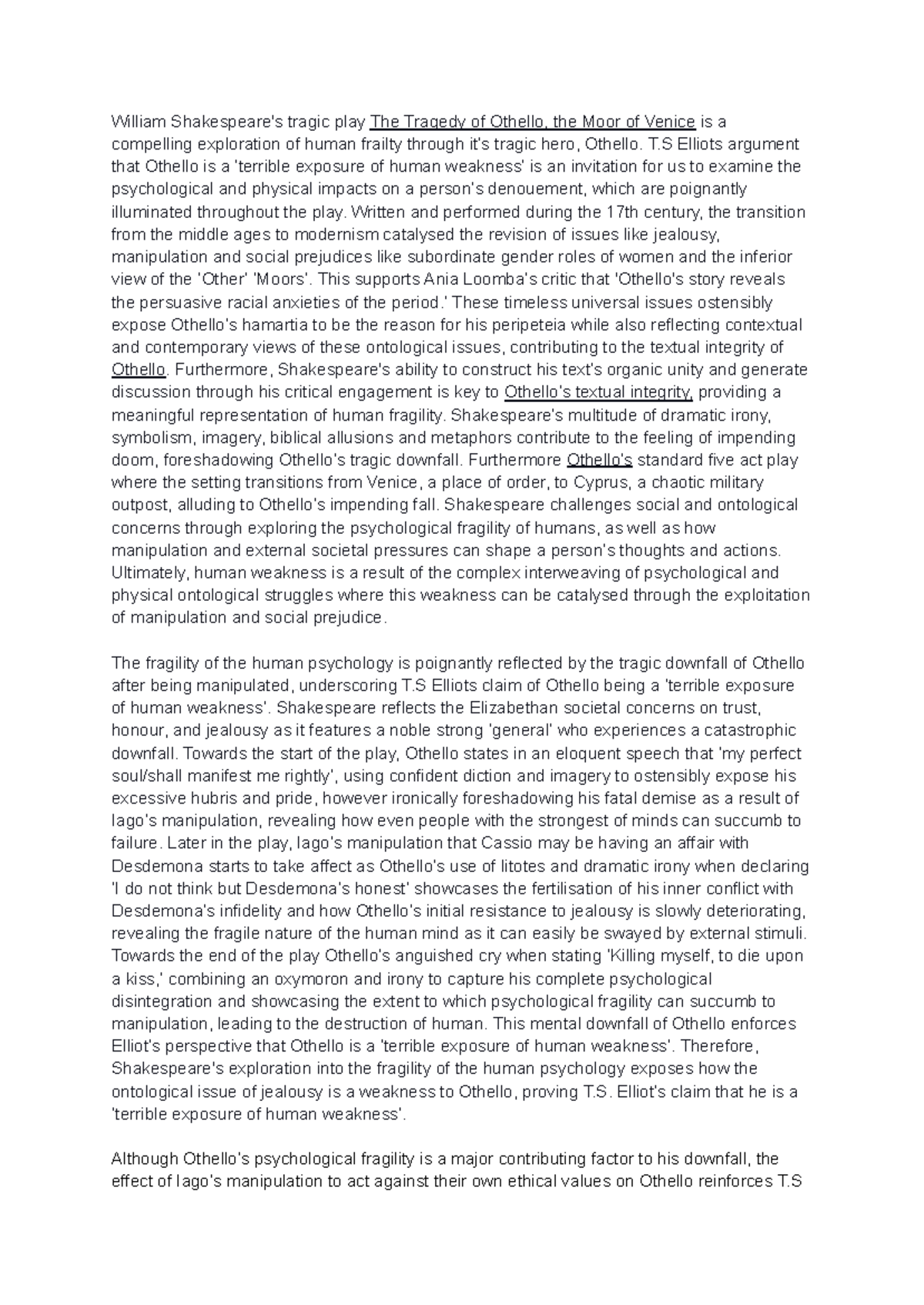Othello Mod B Essay: Exploring Human Fragility and Manipulation - Studocu
