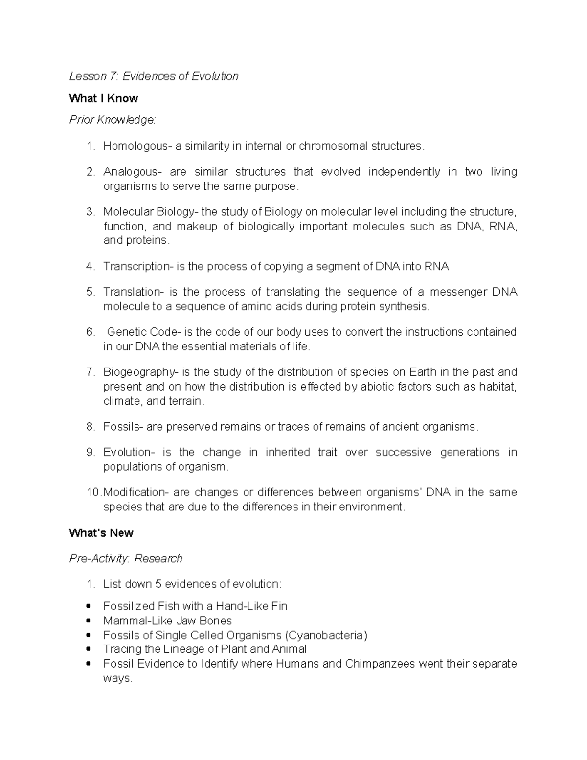 Lesson 7 Evidences OF Evolution - Lesson 7: Evidences of Evolution What ...