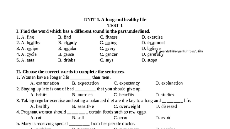Anh 11 Global: UNIT 1 - A Long and Healthy Life Test 1 - Studocu