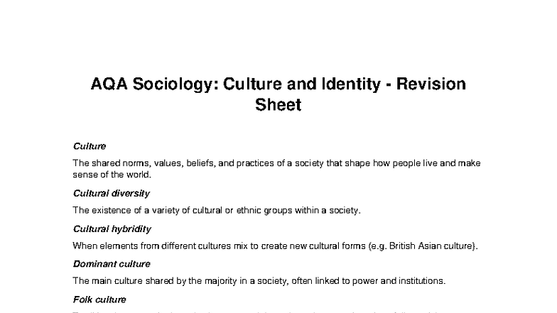 AQA Sociology: Culture & Identity Revision Notes - Studocu