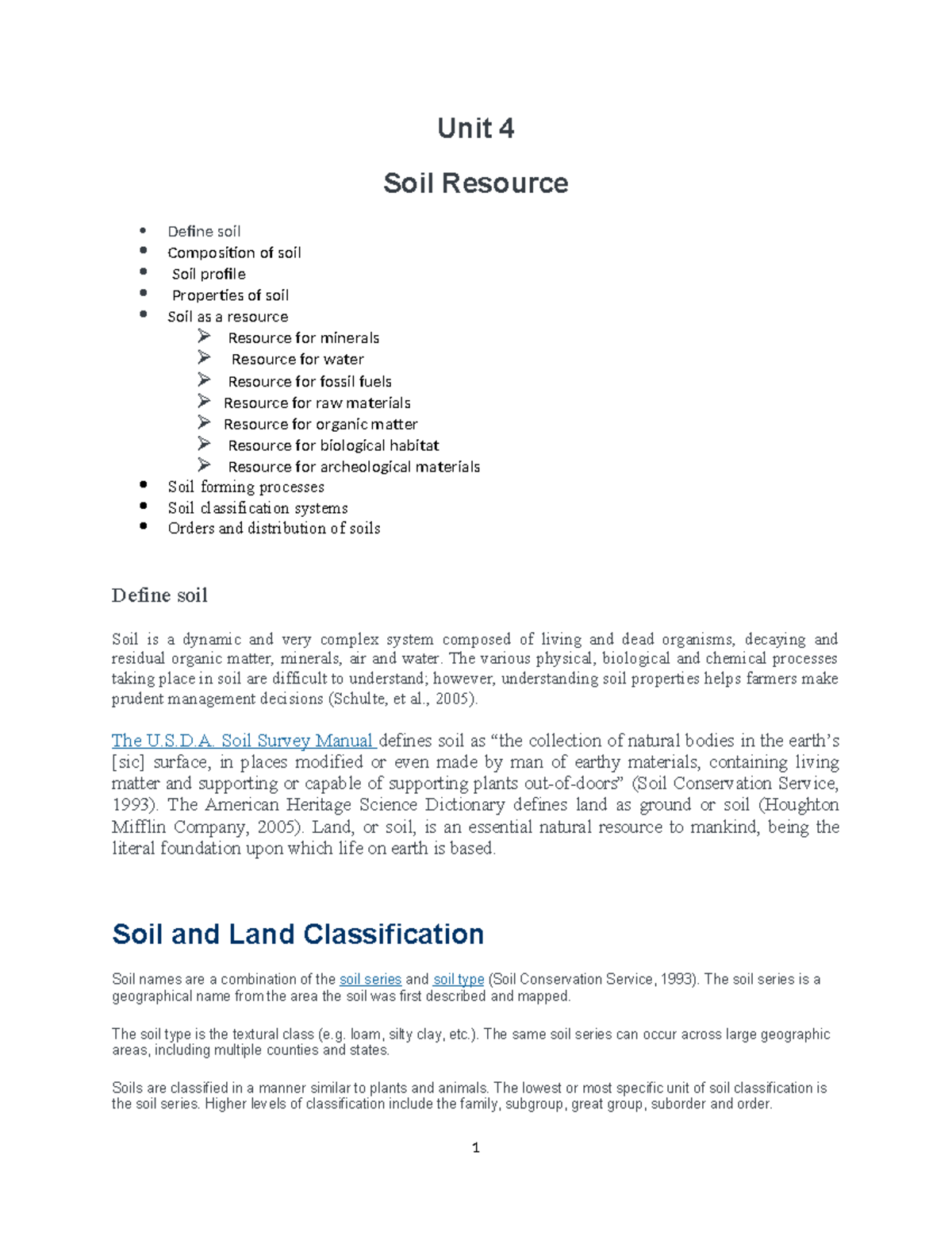 Introduction to soils - Hjkk - Unit 4 Soil Resource Define soil ...