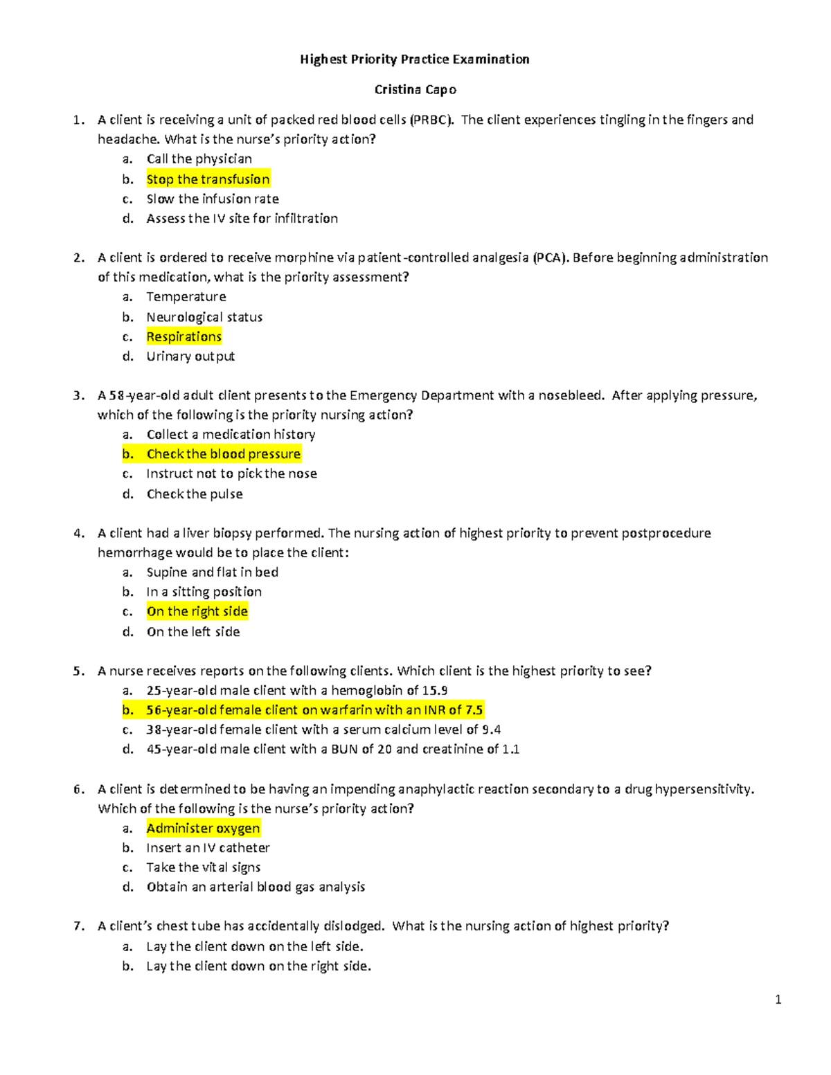 Highest Priority Practice Questions KEY for NURS 4800 Exam Prep - Studocu