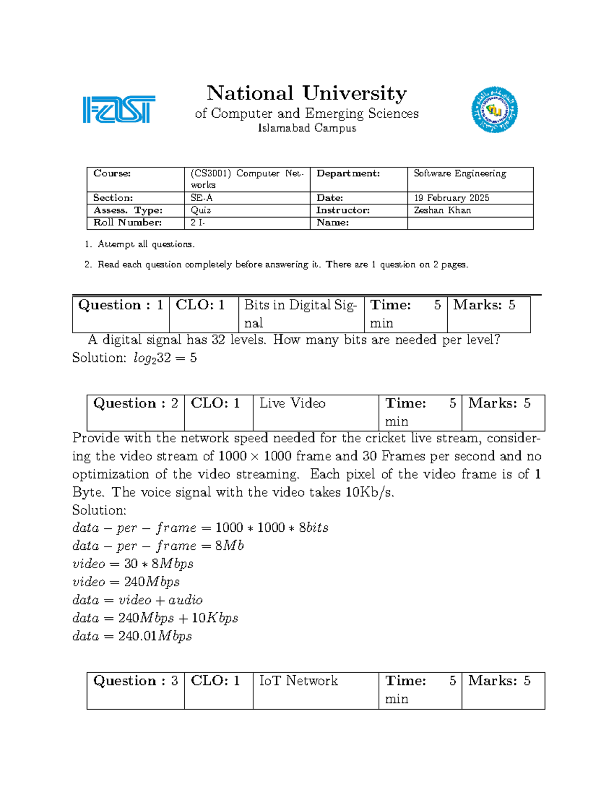 CS3001 Quiz 2A - Computer Networks (CS307) - Software Engineering - Studocu