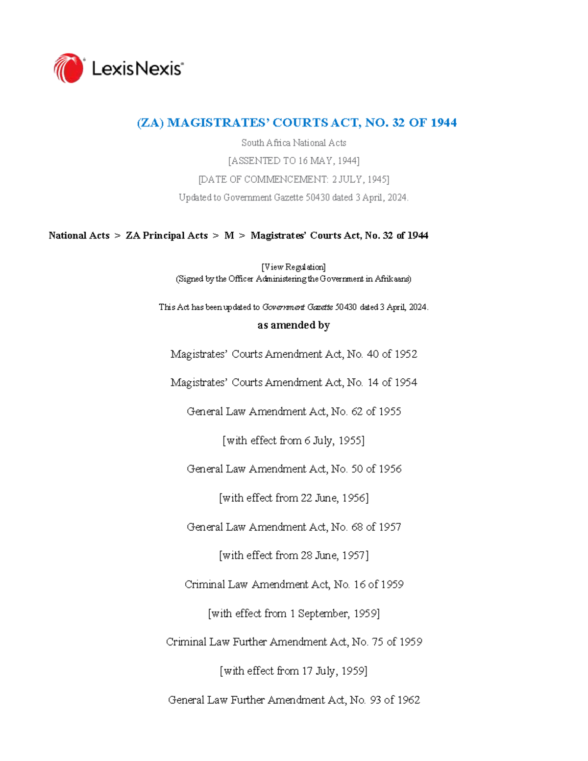 ZA Magistrates Courts Act, No. 32 of 1944 - Updated to 2024 - Studocu