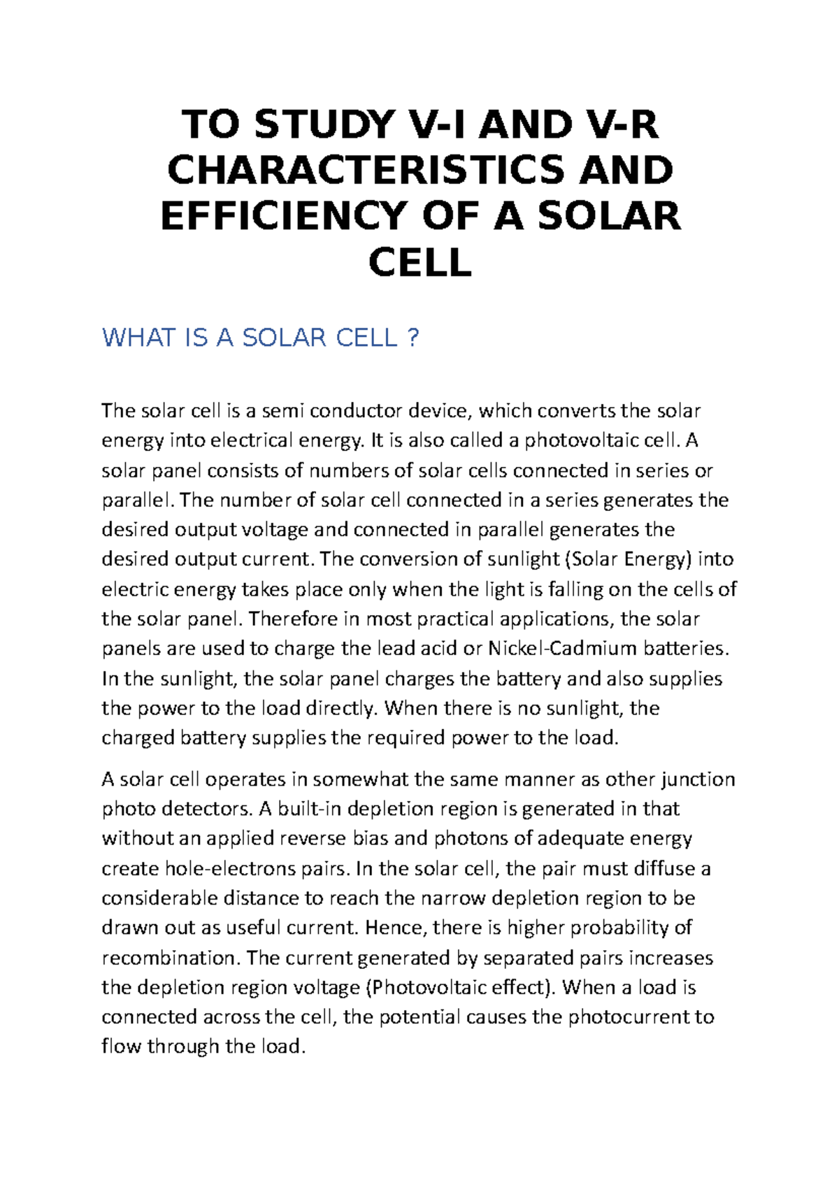Physics EXP 2 - Study of V-I and V-R Characteristics of Solar Cells ...
