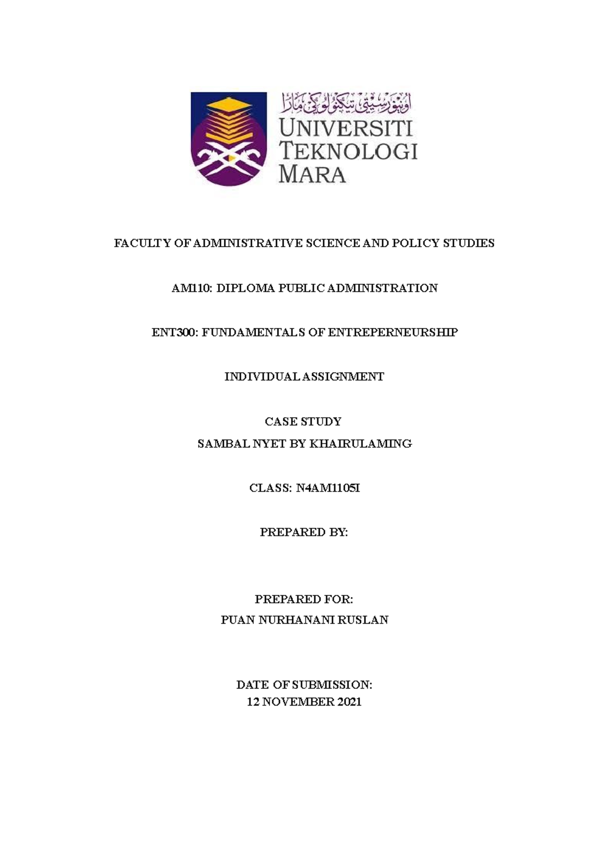 ENT300 Individual Assignment - Fundamentals of Entrepreneurship - UiTM ...
