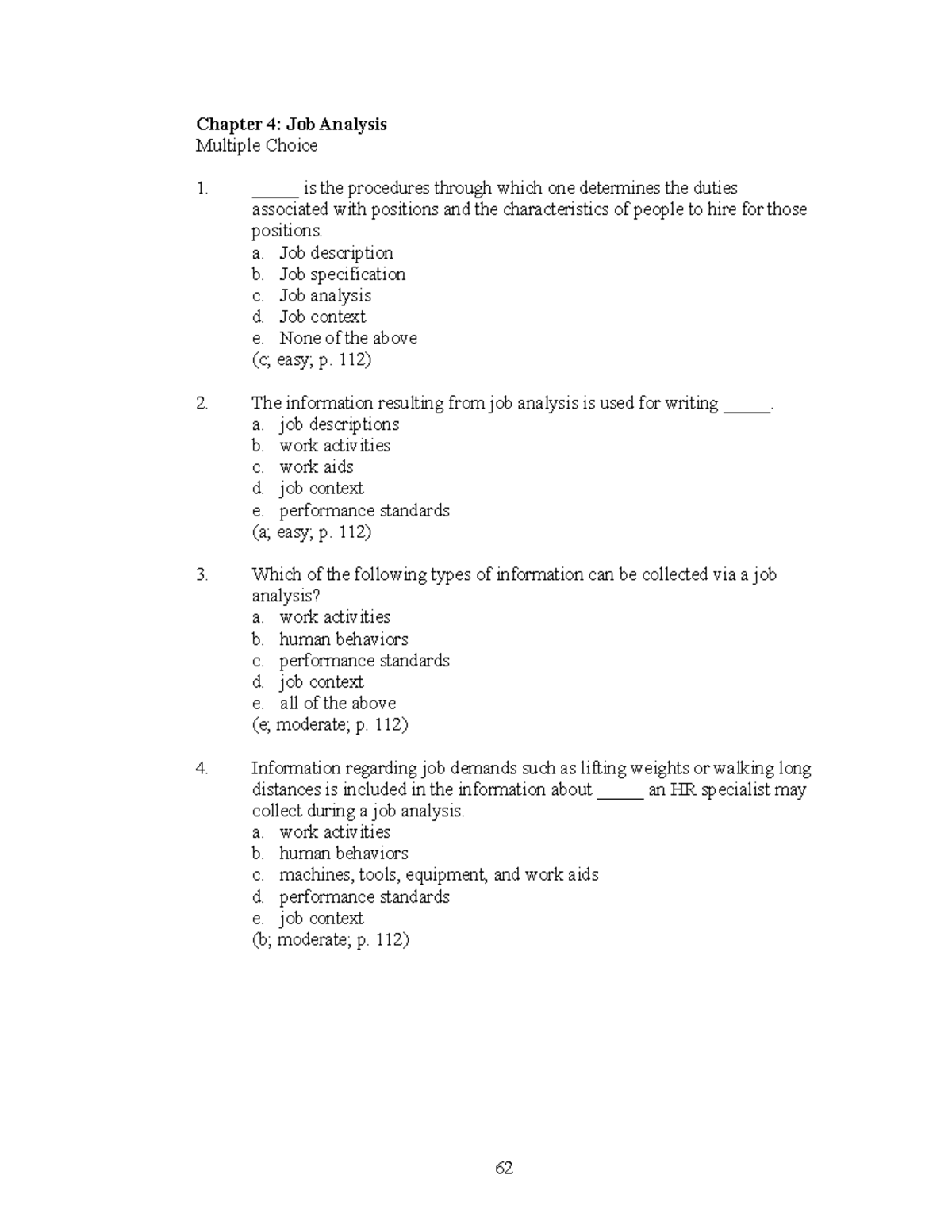 Chapter 4 Job Analysis Multiple Choice - Human resources - Studocu