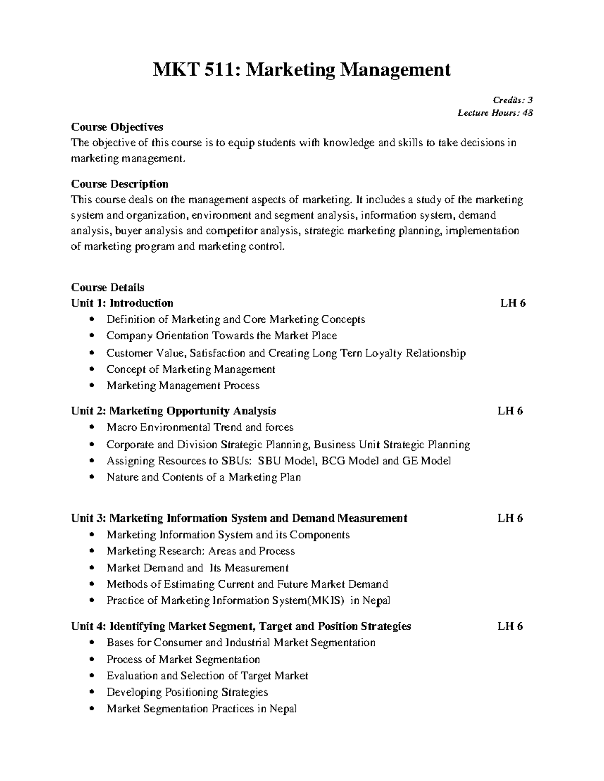 MKT 511: Marketing Management Syllabus - 1st Semester Overview - Studocu