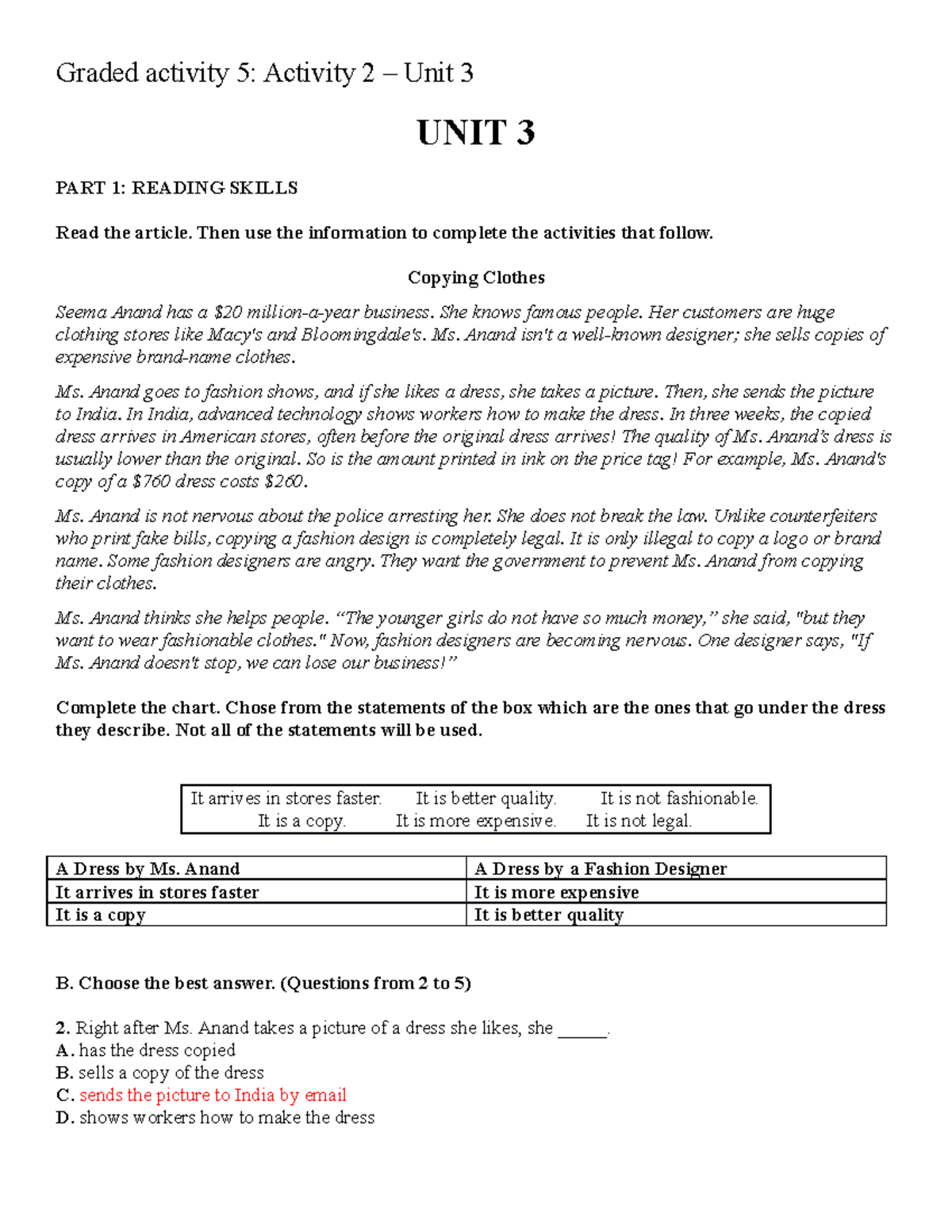Units 3 - Unit 3 - UNIT 3 PART 1: READING SKILLS Read the article. Then ...