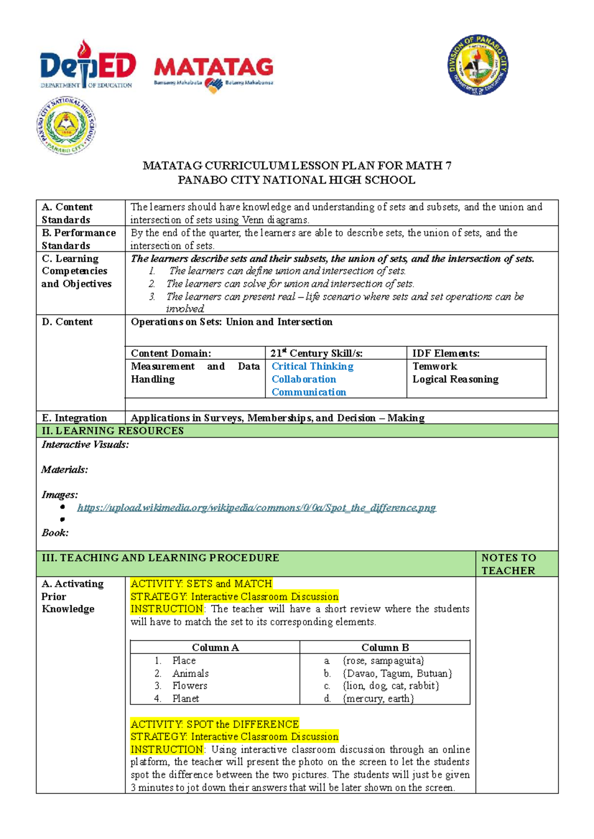 MATATAG CURRICULUM MATH 7 LESSON PLAN: SETS & OPERATIONS - Studocu