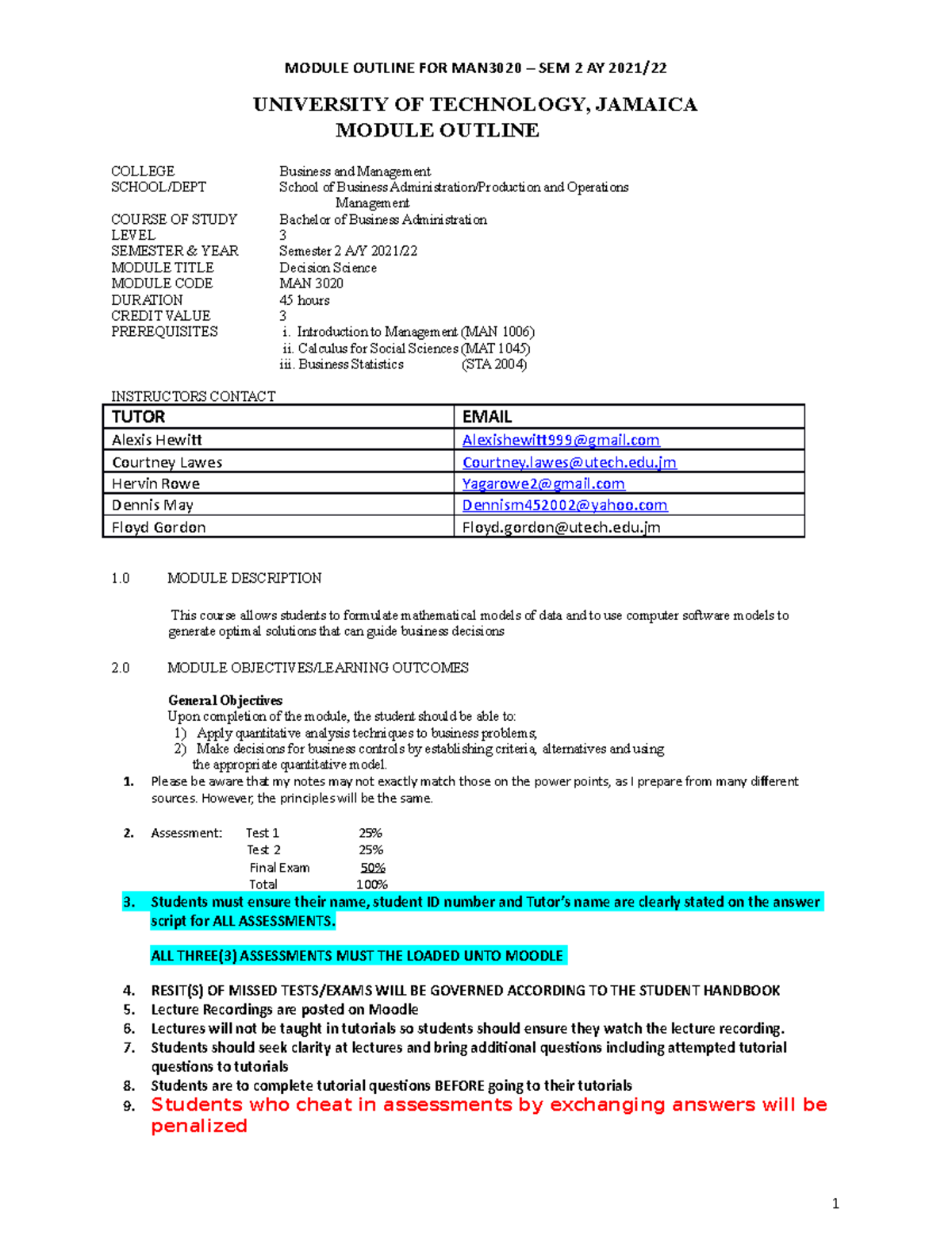 MAN3020 Decision Science Module Outline - Semester 2 AY 2021 - Studocu